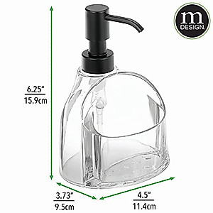 mDesign Modern Plastic Kitchen Sink Countertop Liquid Hand Soap Dispenser Pump Bottle Caddy with Storage Compartment - Holds and Stores Sponges, Scrubbers and Brushes - Clear/Black