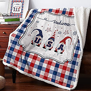 Sherpa Fleece Throw Blanket Independence Day Gnome USA Flag Reversible Warm Cozy Throws, Blue Red White Buffalo Lattice Super Soft Plush Bed TV Movie Blankets for Living Room Couch/Sofa/Travel/Office