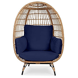 Best Choice Products Wicker Egg Chair, Oversized Indoor Outdoor Lounger for Patio, Backyard, Living Room w/ 4 Cushions, Steel Frame, 440lb Capacity - Navy