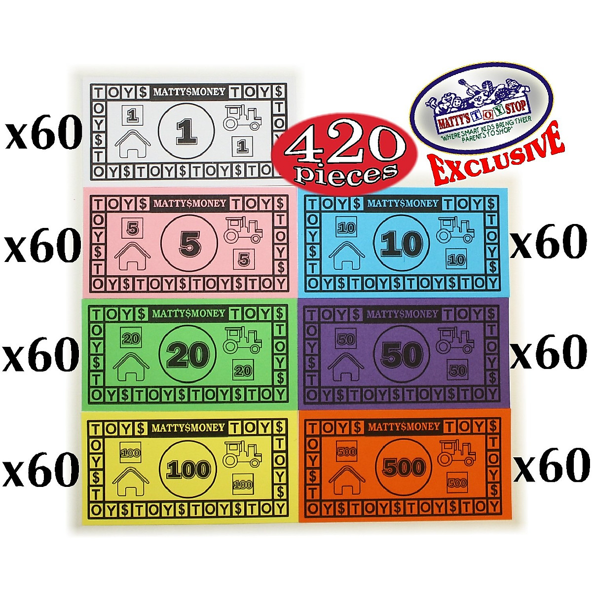 Matty's Money 420 Piece Replacement Play Money Set (60 Pieces Each of $1's, $5's, $10's, $20's, $50's, $100's & $500's) $41,160 in Game Money