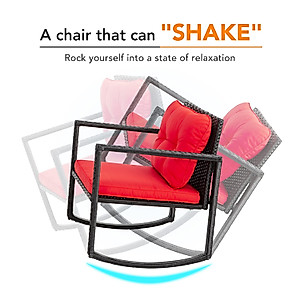 3 Pieces Rocking Bistro Set Wicker Patio Furniture Outdoor Conversation Sets Rattan Rocking Chairs with Red Cushions and Glass Coffee Table for Patio Porch Backyard Balcony Poolside Garden