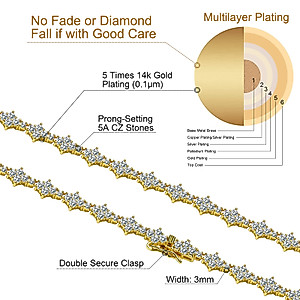 Lulu Mel 3mm Honeycomb Hip Hop 14K White Gold Plated Necklace for Men Women, 16-20 Inches Prong Setting 5A Cubic Zirconia Diamond Classic Tennis Necklace Choker for Rapper with Gift Box (Gold,18")