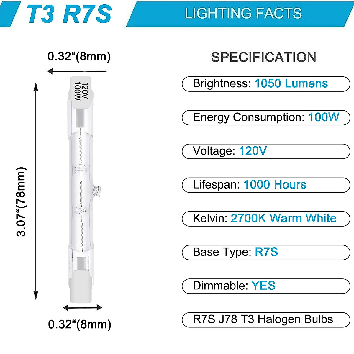 XBOCMY 5 Pack Halogen R7S 78mm T3 100W Dimmable 1050lm J-Type 120V R7S Base Warm White 2700K Double Ended Halogen Light Bulbs for Work, Security, Landscape Lights, Floor Lamps