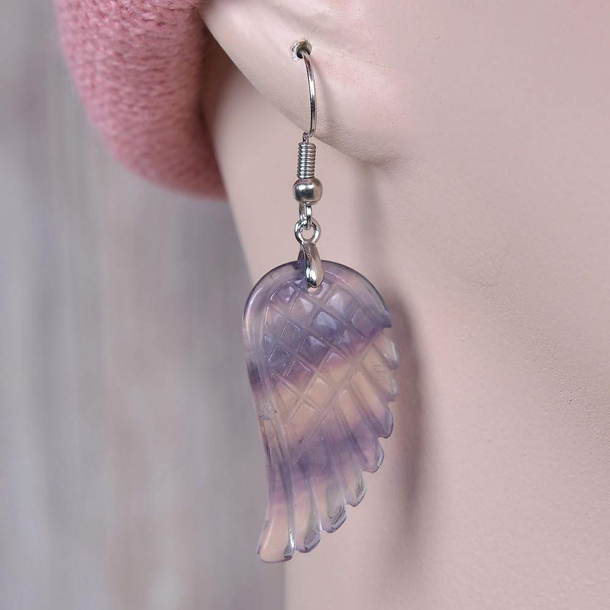 Natural Rainbow Fluorite Gemstone Crystal Healing Reiki Chakra Handmade Angel Wing Dangle Earrings