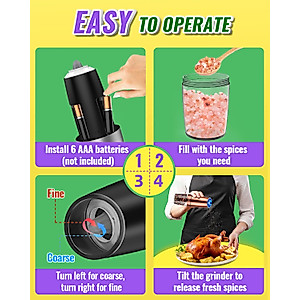Gravity Electric Salt Ginder Pepper Grinder, Automatic Pepper and Salt Mill Grinder Battery-Operated with Adjustable Coarseness, LED Light, One Hand Operated