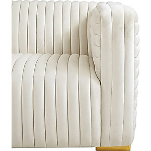 Meridian Furniture 640Cream-S Ravish Collection Modern | Contemporary Velvet Upholstered Sofa with Deep Channel Tufting + Both Gold & Chrome Legs Included