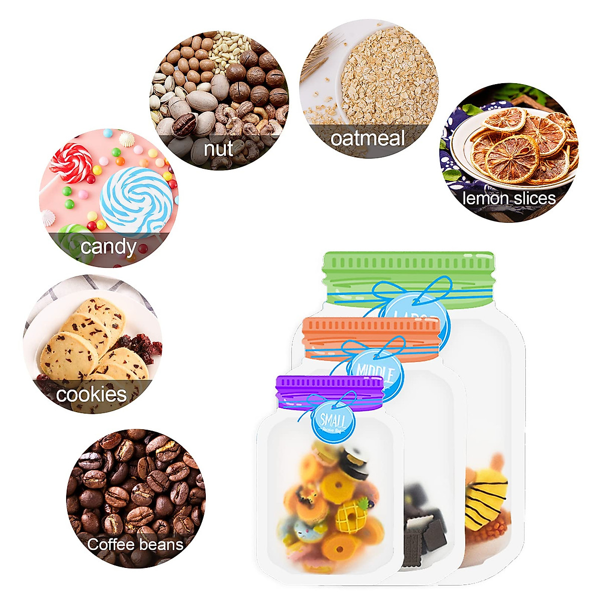 Enkrio 30 Pcs Mason Jar Zipper Bags Reusable Snack Bags Airtight Seal Bags for Kitchen Picnic (5S 10M 15L)