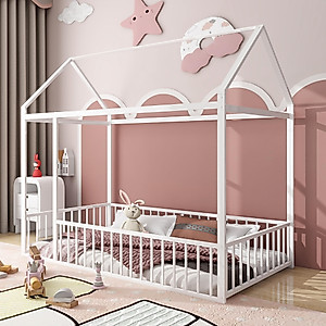 HZANHY Twin House Bed for Kids, Montessori Floor Bed with Rails, Metal Floor Bed Frame for Boys Girls Toddlers, Playhouse Bed with Roof, Twin Kids Bed Floor Bed with Post Foot Pads for Teen
