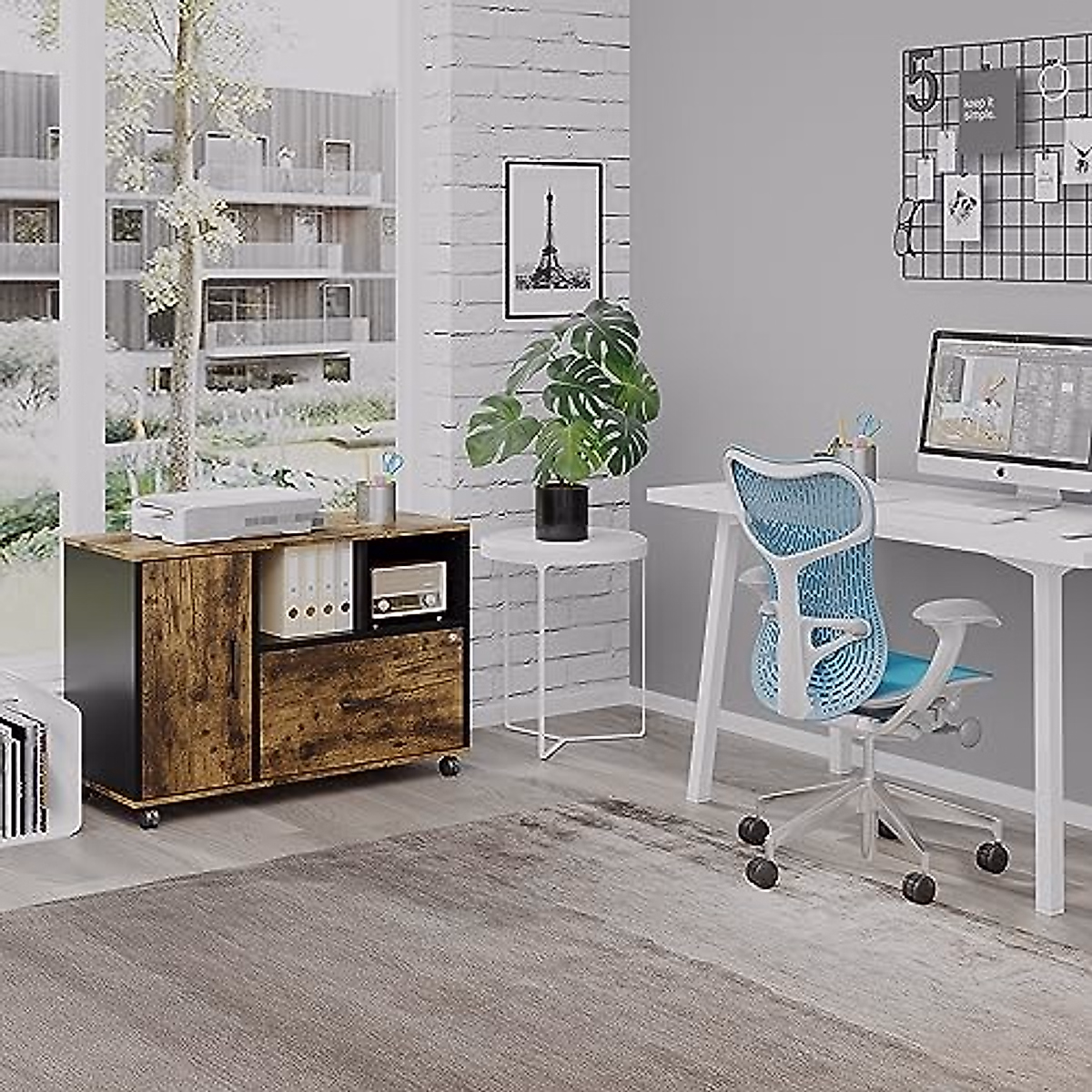 Wood File Cabinet with Lock, 1-Drawer Wooden Office Lateral Filing Cabinet on Wheels Mobile Printer Stand with Open Storage Shelf for Letter/Legal/A4 Size Files (Wood)