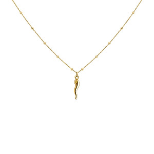 FRONAY Italian Vermeil Horn Necklace - 14k Gold Plated Silver Cornicello Good Luck Pendant (Mini Golden)