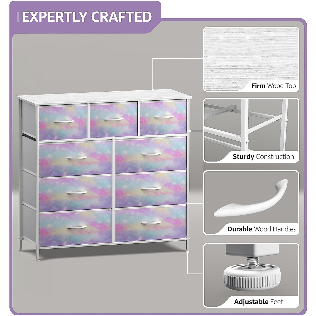 Sorbus Dresser with 9 Drawers - Furniture Storage Chest for Kid’s, Teens, Bedroom, Nursery, Playroom, Clothes, Toys - Steel Frame, Wood Top, Fabric Bins (Tie-dye)