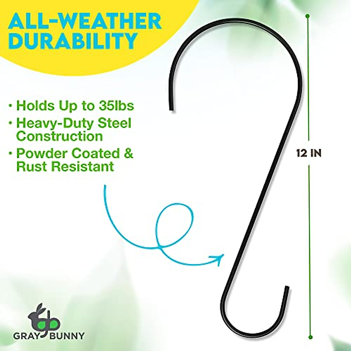 Gray Bunny Metal Tree Branch Hook, 12 Inch, Black, 2-Pack, Premium Extra Thick 1/5 Inch Diameter Rust Resistant Steel S-Hooks for Bird Feeders and Baths, Planters, and More, Christmas Outdoor Lights