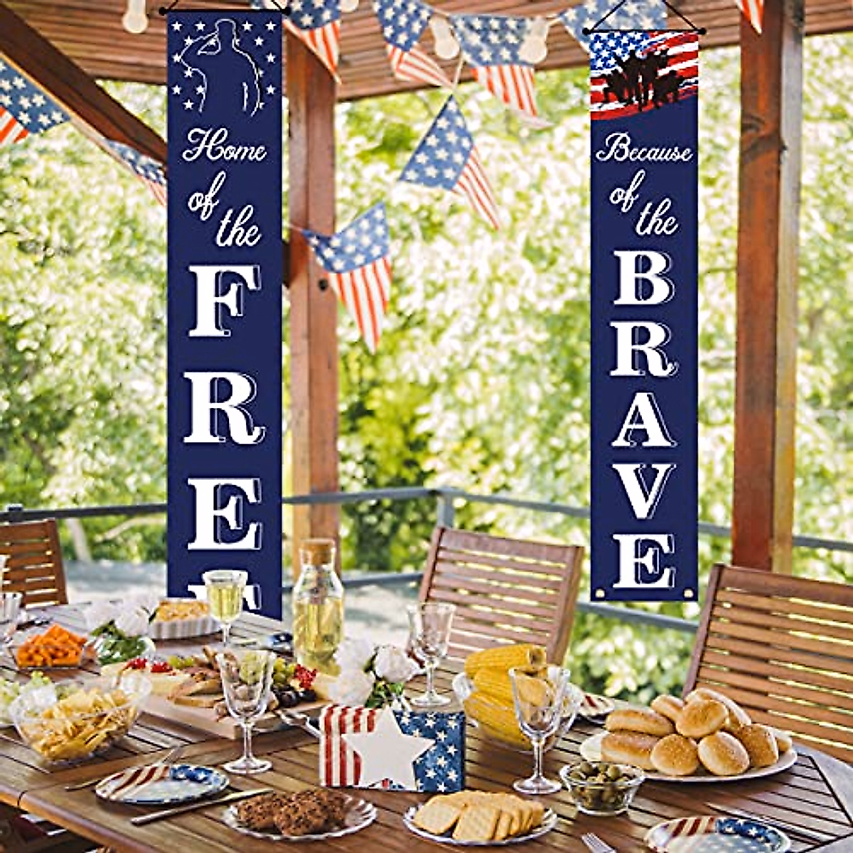 Patriotic Soldier Porch Sign Banners -“HOME of the FREE” and “Because of the BRAVE”- 4th of July Decor - American Flag Hanging Banner for Independence Day/ Memorial Day/ Veterans Day/ Labor Day