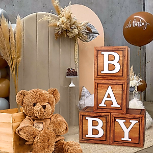 Baby Shower Decorations Baby Boxes with Letters, 4pcs Wood Baby Shower Brown Blocks with Printed BABY Letter, Gender Reveal Decorations, Woodland Baby Shower Girl Boy,Teddy Bear Theme Party