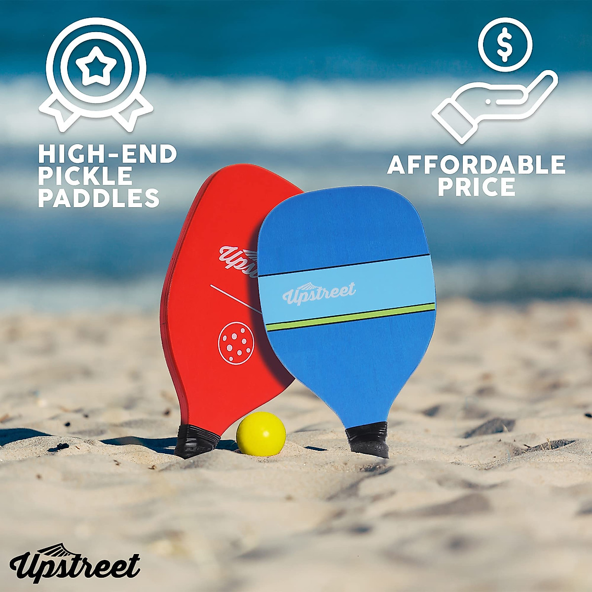 Upstreet Wood Pickleball Paddle Set | Pickleball Set or Pickleball Rackets Include Sling Bag, Ideal Indoor and Outdoor Pickle Ball Paddles for Men, Paddle Ball or Pickleball Paddles Set of 4 (Beach)
