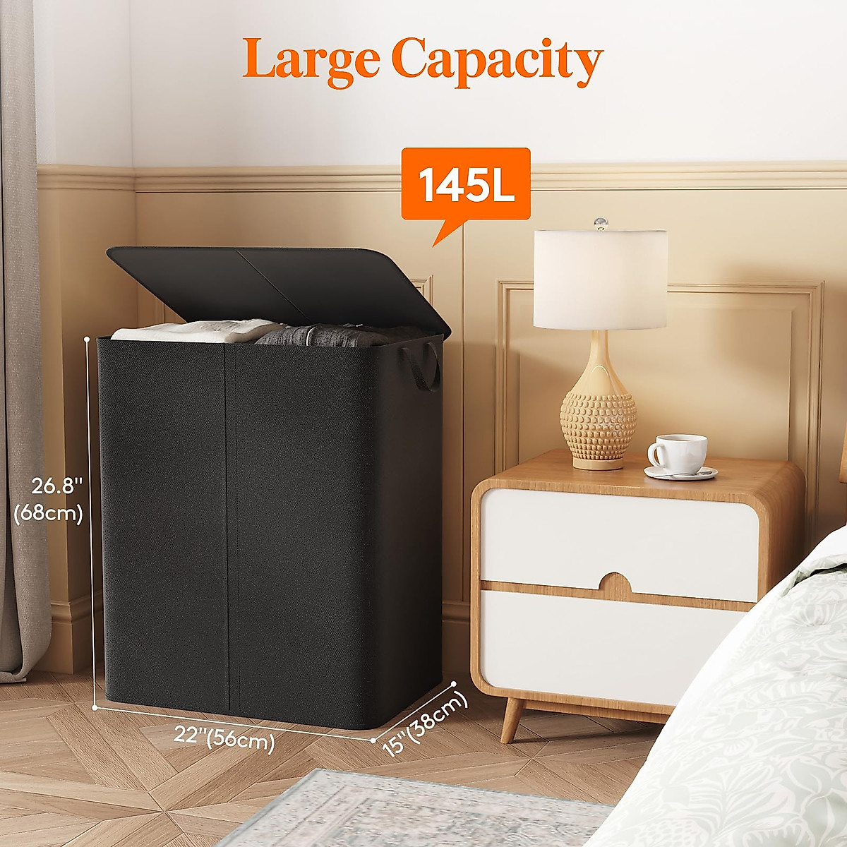 Lifewit 145L Laundry Basket with Lid, Large Double Laundry Hamper 2 Section Dirty Clothes Hamper for Bedroom with 2 Removable Laundry Bags, Black
