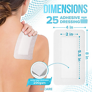 JJ CARE Adhesive Island Dressing [Pack of 25], 4” x 8” Sterile Island Wound Dressing, Breathable Bordered Gauze Dressing, Individually Wrapped Latex Free Wound Bandages with Non-Stick Central Pad