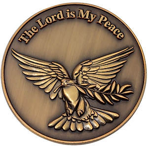 The Lord is My Peace, Dove and Olive Branch Pocket Token of Serenity, Christian Challenge Coins, My Peace I Give to You, Antique Gold-Color Plated John 14:27 Religious Gift