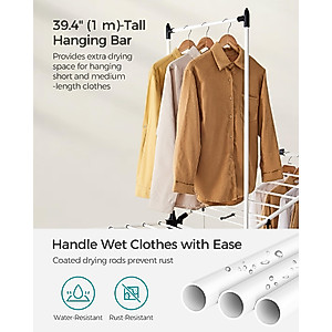 SONGMICS Clothes Drying Rack, Foldable 2-Level Laundry Drying Rack, Free-Standing Airer, 1 Additional Tall Hanging Bar, 2 Height-Adjustable Wings, 24 Drying Rails, Space Savng, Simply White ULLR521W01