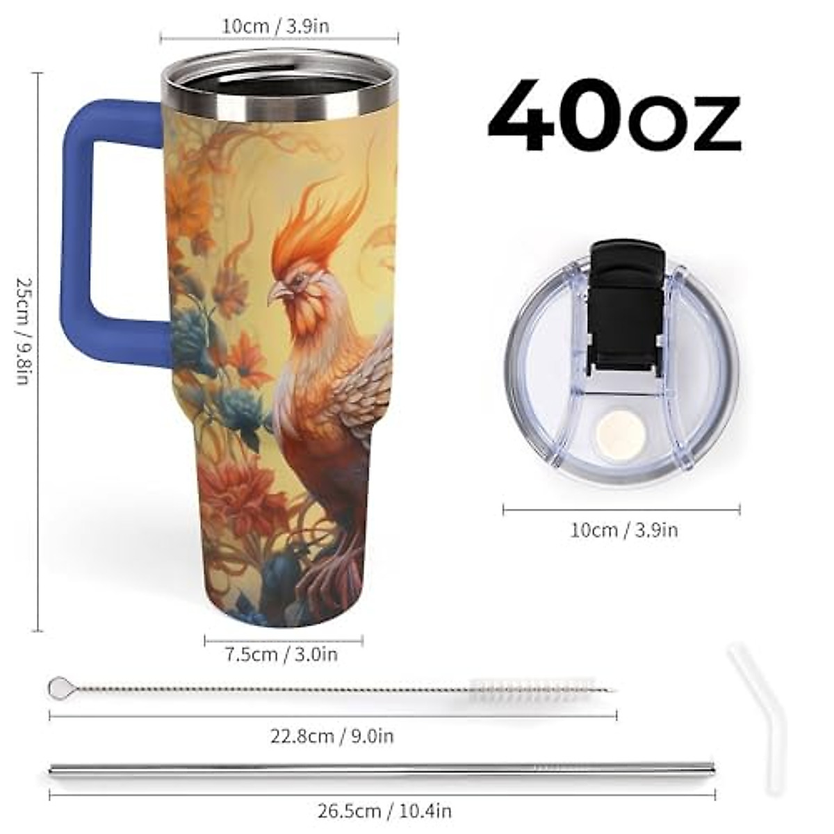 Phoenixs Chicken 40 Oz Car Cup Stainless Steel Travel Mug Leak-Proof Insulated Tumbler with Handle Deep Blue-style