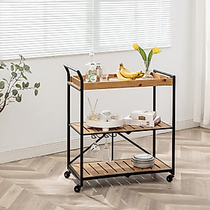 MELLCOM Folding Bar Cart Kitchen Serving Cart on Lockable Wheels 3-Tier Rolling Utility Cart with Glass Holders for Home Kitchen, Rustic Brown