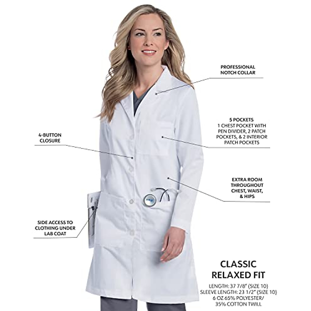 Landau womens Landau Relaxed Fit 5-pocket 4-button Full-length for Women 3153 Medical Lab Coat, White Twill, 12 US