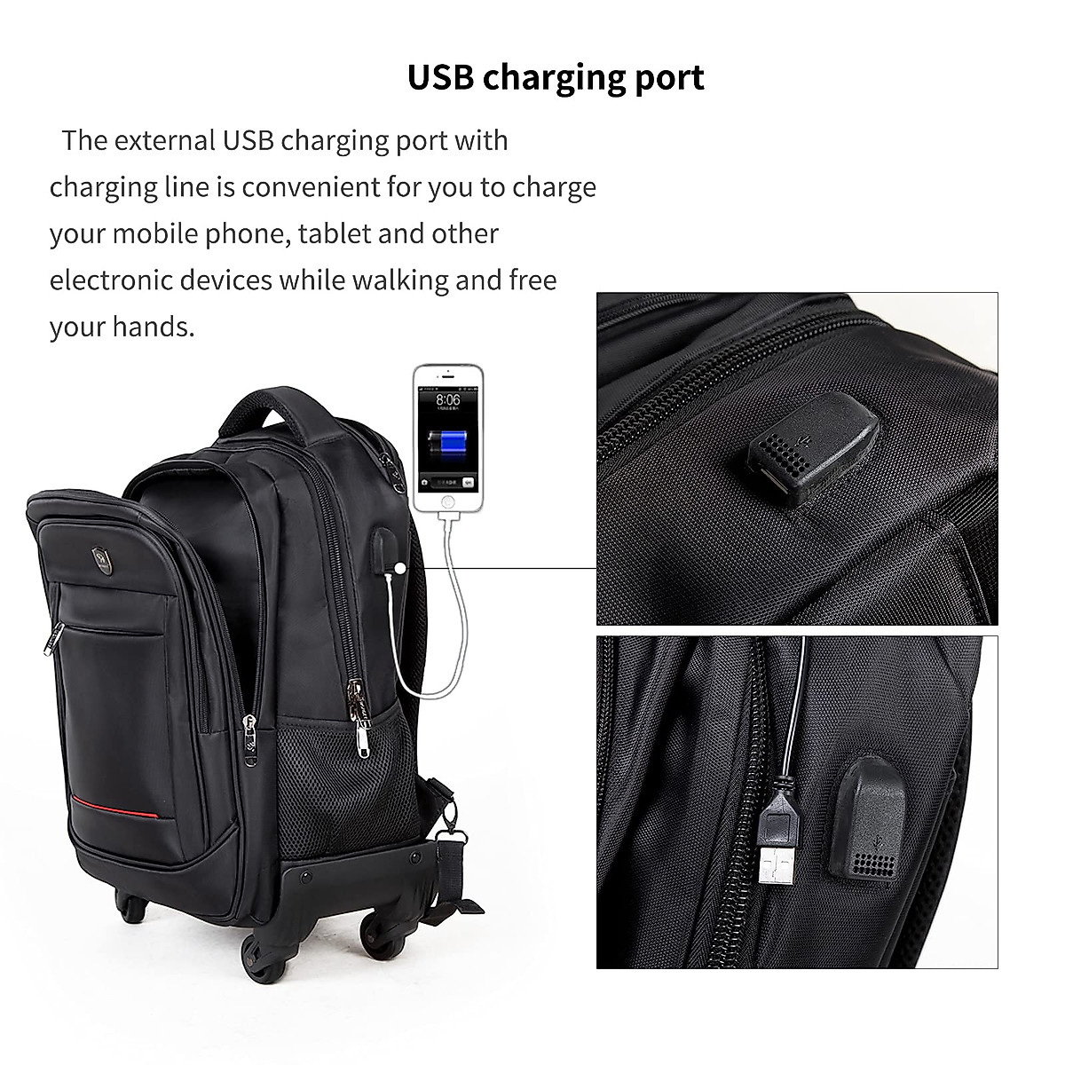 Temilla 360 °rotating Water Resistant Rolling Backpack with 4 Wheels,Travel Business College School，With Usb Charging Port (18-lnch)