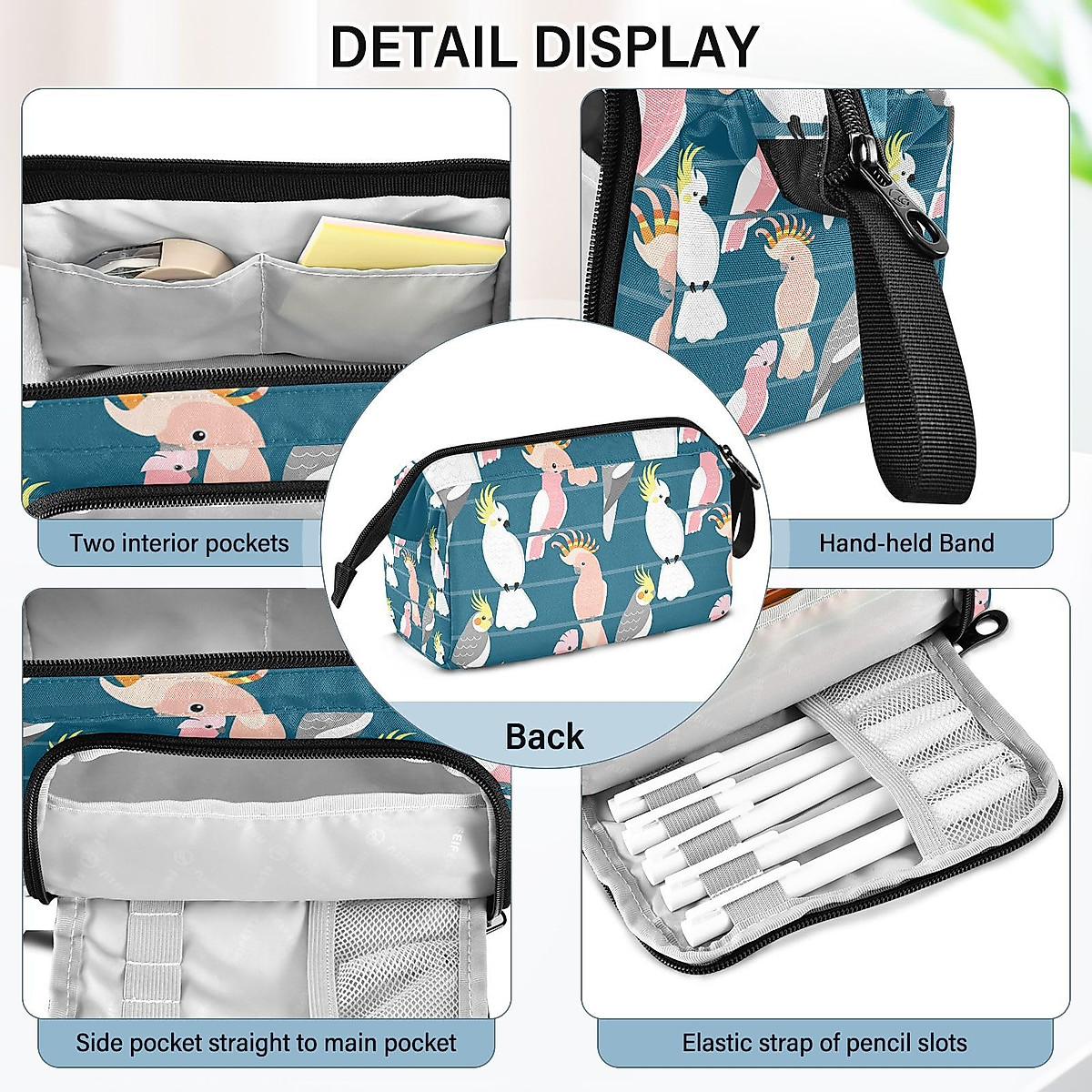 Yasala Pencil Case Cockatoo Cartoon Pen Pouch Holder Art Kits Storage Bag Cosmetic Organizer Carrying Case for Office Supplies Travel Bag for Makeup Large Stationary Bag with Handle