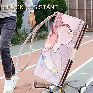 Fingic Galaxy S23 Ultra Wallet Case, 9-Card Holder, Detachable Strap, Rose Gold Marble, PU Leather, 5G (6.8")