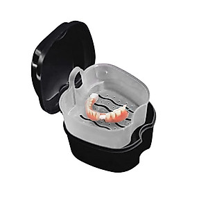 AmeriCan Goods Denture Bath Box with Denture Cleaner Brush Denture Bath Case with Rinsing Basket Tray Container (Black)