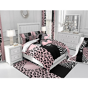 Leopard Print Duvet Cover Set Queen Size,Zebra Skin Texture Bedding Set 3Pcs,Kids Girls Teens Room Decor,Striped Fashion Comforter Cover,Pink Black White Love Printed Bedspreads Cover,2 Pillowcases