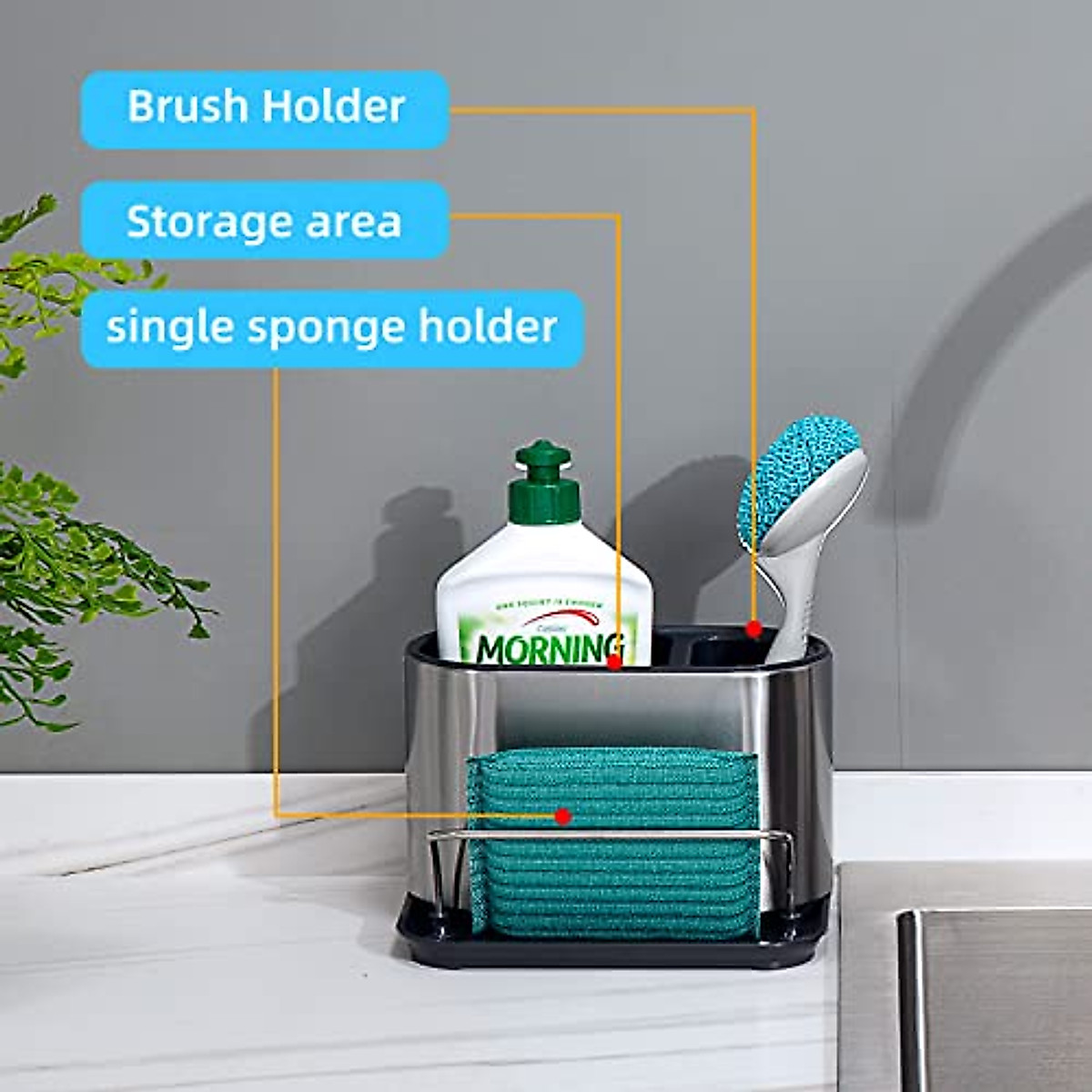 MITOUER Stainless Steel Sink Caddy, Sponge Holder & Dish Brush Holder for Kitchen Sink, Kitchen Scrubber Organizer with Removable Drain Tray, Kitchen Caddy Sink Organizer