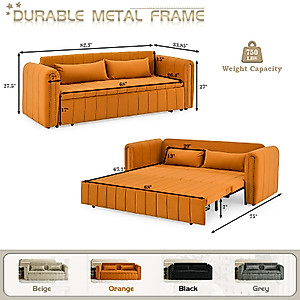 Antetek Oversized Sleeper Sofa w/Pullout Bed, 82-inch Modern Velvet Fabric Deep 3-Seat Couch with Metal Frame, 2 Toss Pillows, Comfy Upholstered Furniture for Living Room, Orange