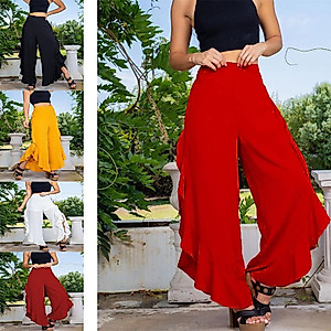 ENOPINK Women's Boho Elastic High Waisted Ruffle Hem Ruched Solid Loose Fit Wide Leg Palazzo Pants(Black XL)