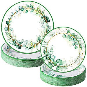 Mumufy 100 Pack Sage Green Paper Plates Eucalyptus Dinner Plates and Greenery Leaves Dessert Plates Spring Summer Decorative Tableware for Wedding Baby Shower Bridal Shower Birthday Party Supplies