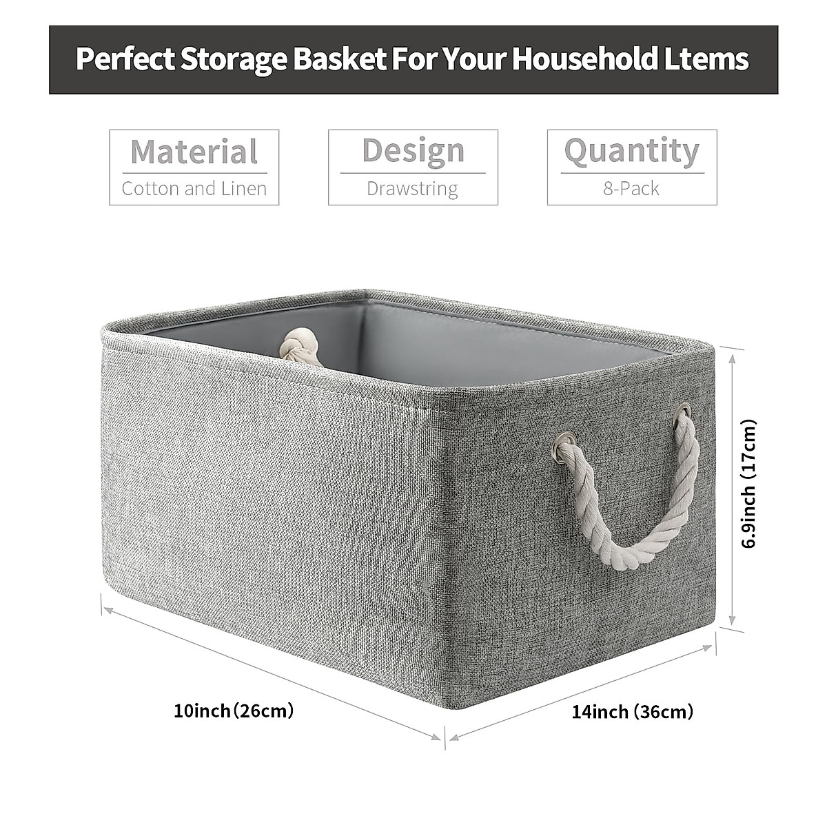 SAMORADREA Storage Baskets 8 Pack Decorative Baskets Storage Box Cubes Containers W/Handles for Clothes Books, Home, Office, Bedroom, Parlor, Garage (Grey)