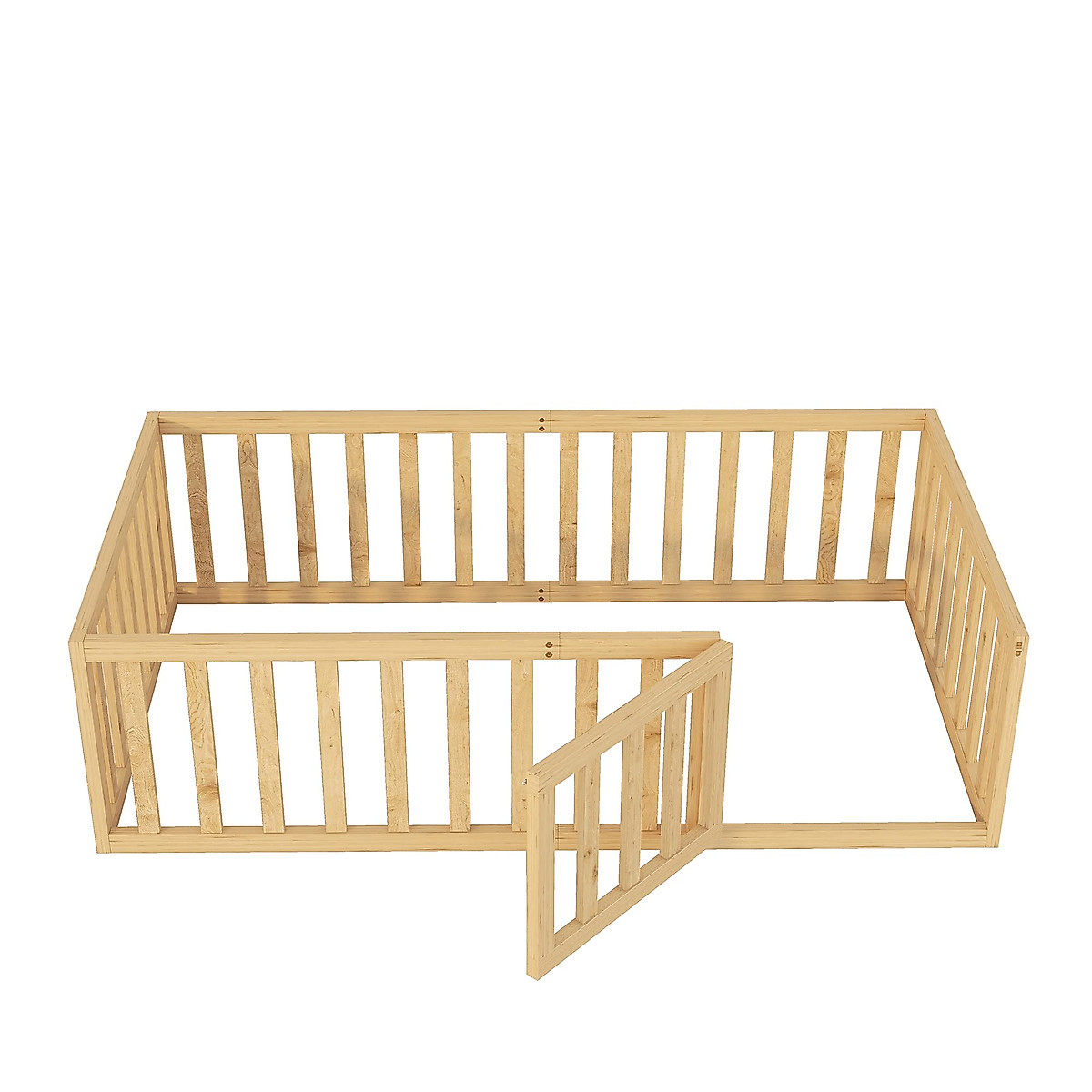 Bellemave Twin Floor Bed for Kids, Montessori Bed Frame with Fence-Shaped Guardrails and Door, Wooden Floor Twin Bed for Kids, Toddler, Boys Girls(Natural, Twin Size)