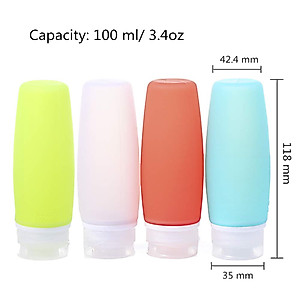 HubHnb 3.4 oz 100 ml Leakproof Silicone Travel Bottles, 4 Pack Portable Refillable Food-grade Travel Containers