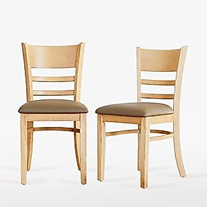 Livinia Cabin Dining Chair Set of 2, Solid Malaysian Oak PU Leather Upholstered Cushion Seat Wooden Ladder Back Side Chairs (Natural-Oak) Assembly Required