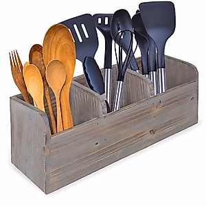 Besti Wooden Kitchen Utensil Holder With 3 Compartments | Torched Wood Utensil Organizer | For Cutlery, Napkins, Cups & More | Large Vintage Countertop Caddy Box | Size: 6.5 x 14.8 x 5” Inch (Rustic)