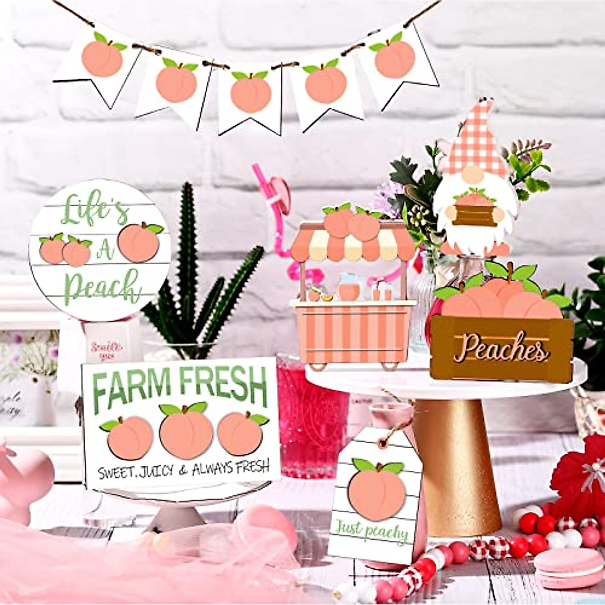 Yalikop 11 Pieces Lemon Peach Pumpkin Tiered Tray Decor Set Gnome Fresh Lemonade Wooden Wood Blocks Standing Sign Decorations for Layered Pallets Summer Autumn (Peach Style)