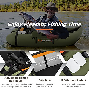 Goplus Inflatable Float Tube, Fishing Belly Boat w/Paddle, Flippers, Fish Ruler, Pump, Storage Bag, Adjustable Straps, 350LBS Load Capacity (Green, W/Rod Holder)