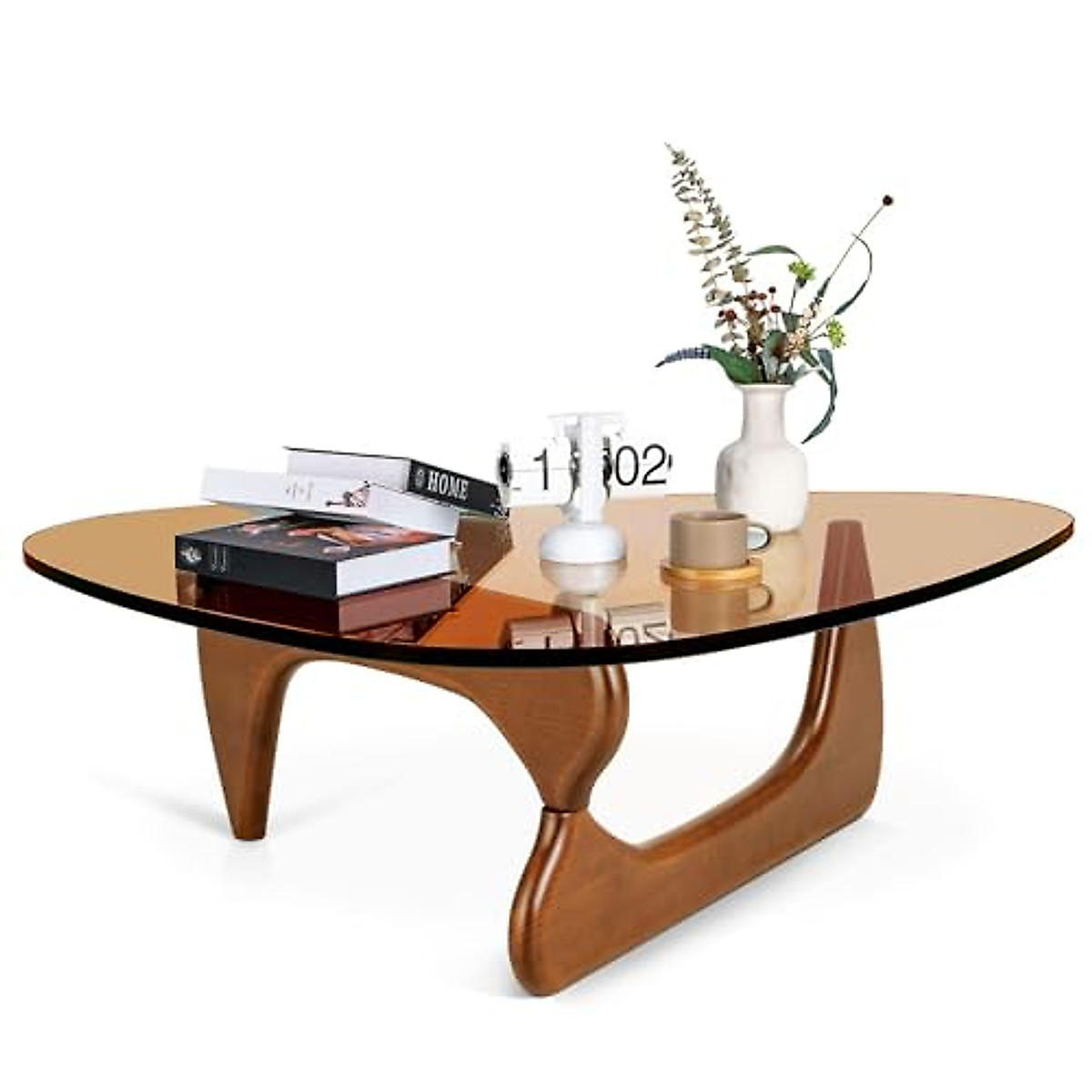 Triangle Glass Coffee Table-Mid-Century Modern End Table Solid Wood Base and Vintage Tempered Transparent Glass Top Coffee Tables Living Room Balcony (Walnut/Brown, Small 32.2 * 22.4 * 16in)