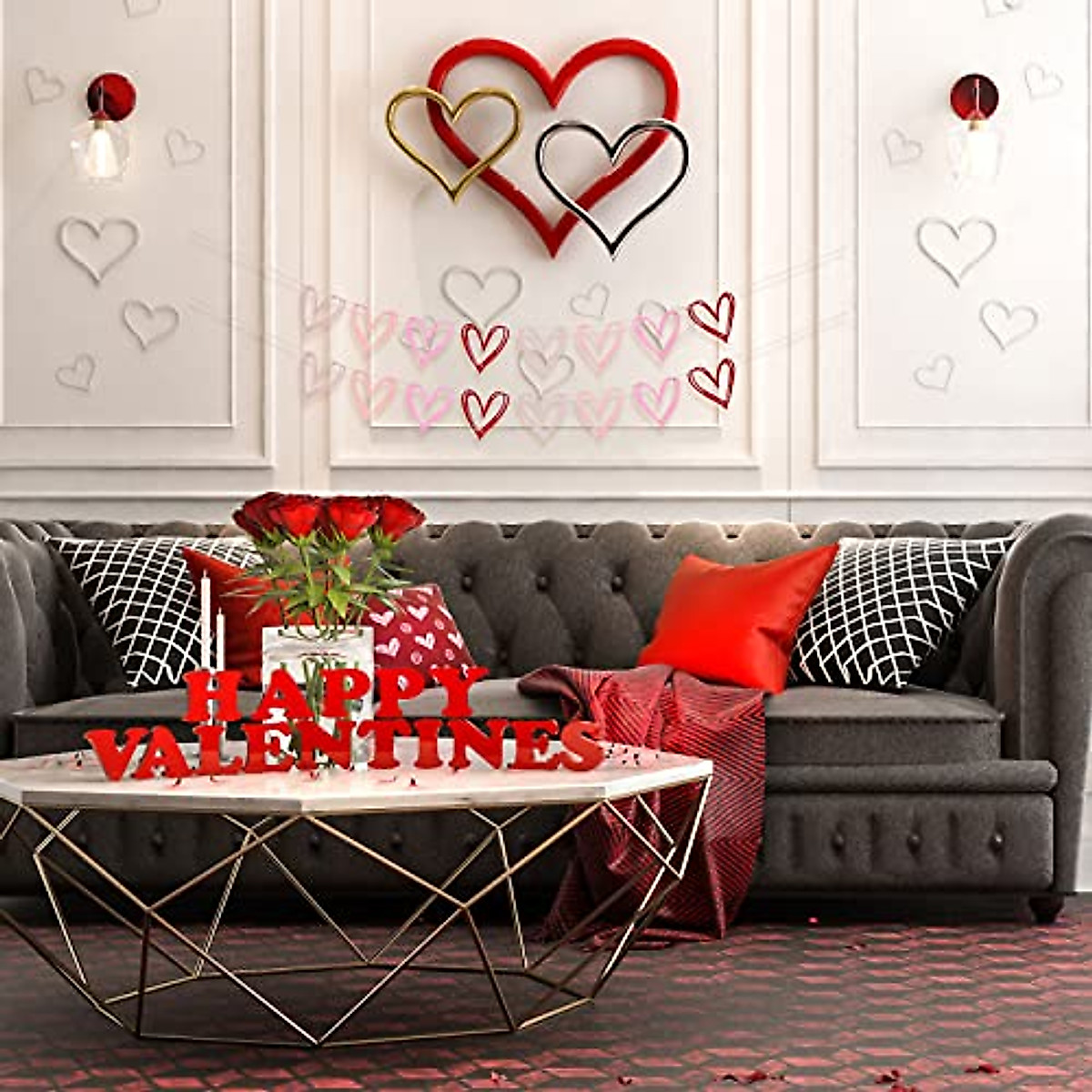 Whaline Valentine's Day Felt Banner with String Pink Red White Hollow Heart Banner Pre-Assembled Sweet Banner Fireplace Wall Hanging for Party Wedding Anniversary Home Decoration