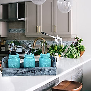 Living Room Table Centerpieces-Besuerte Rustic Decorative Thankful Wood Tray,with Rose Bouquet Flower for Home,Coffee Table Dining Room,Kitchen,New Home Housewarming Gift【3 Blue Jars 】