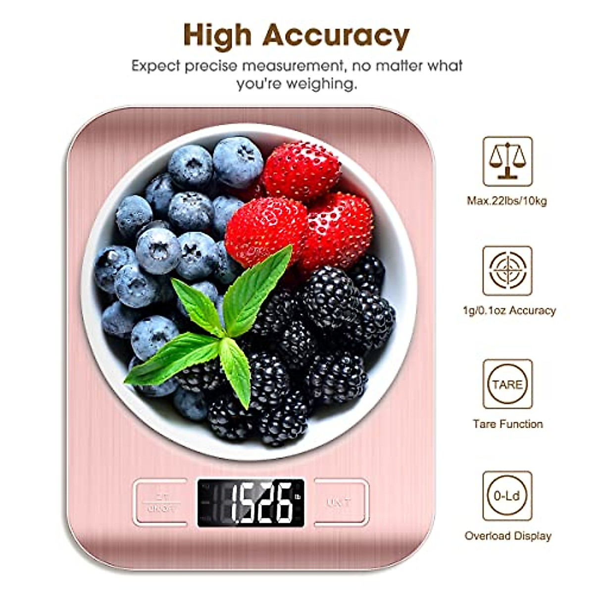 Mik-Nana Food Scale Pink, 10kg/22lb Digital Kitchen Scale Weight Grams and Oz for Baking and Cooking, 1g/0.1oz Precise Graduation, Easy Clean Stainless Steel