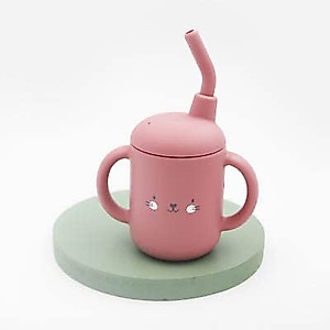 KIDSco. Silicone Baby Cup with Straw (Dark Pink Cat) - Sippy Cup for 1 Year Old - Unbreakable Toddler Cups Spill proof - 100% Silicone Training Cup for Infants+toddlers - Sippy Cup with Handles