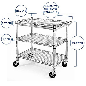 Seville Classics UltraDurable NSF Commercial Heavy Duty Metal Rolling Utility Cart, w/ Steel Shelves, Handle Bar for Restaurant, Garage, Warehouse, Kitchen, Office, Deep Top Basket (34.75"W x 18.25"D)