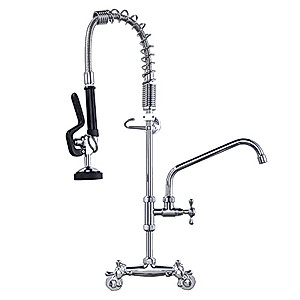 iVIGA 26" Height Commercial Kitchen Faucet Wall Mount with Pre-Rinse Sprayer, 4" to 9" Adjustable Center with Humanized Handle Design & 10" Add-on Swing Spout Faucet & Coiled Spring Pull Down Spray
