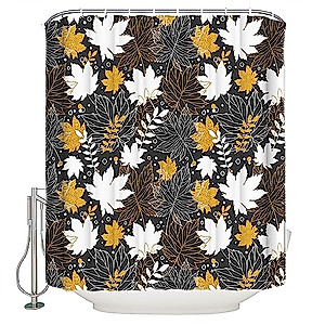 Double Love Autumn Maple Leaves Bathroom Curtain 72 Inch Shower Curtain with Hooks, Waterproof Polyester Bath Curtain Washable Bathtub Curtain Yellow White Gold Leaf Black Backdrop 48''x 72''